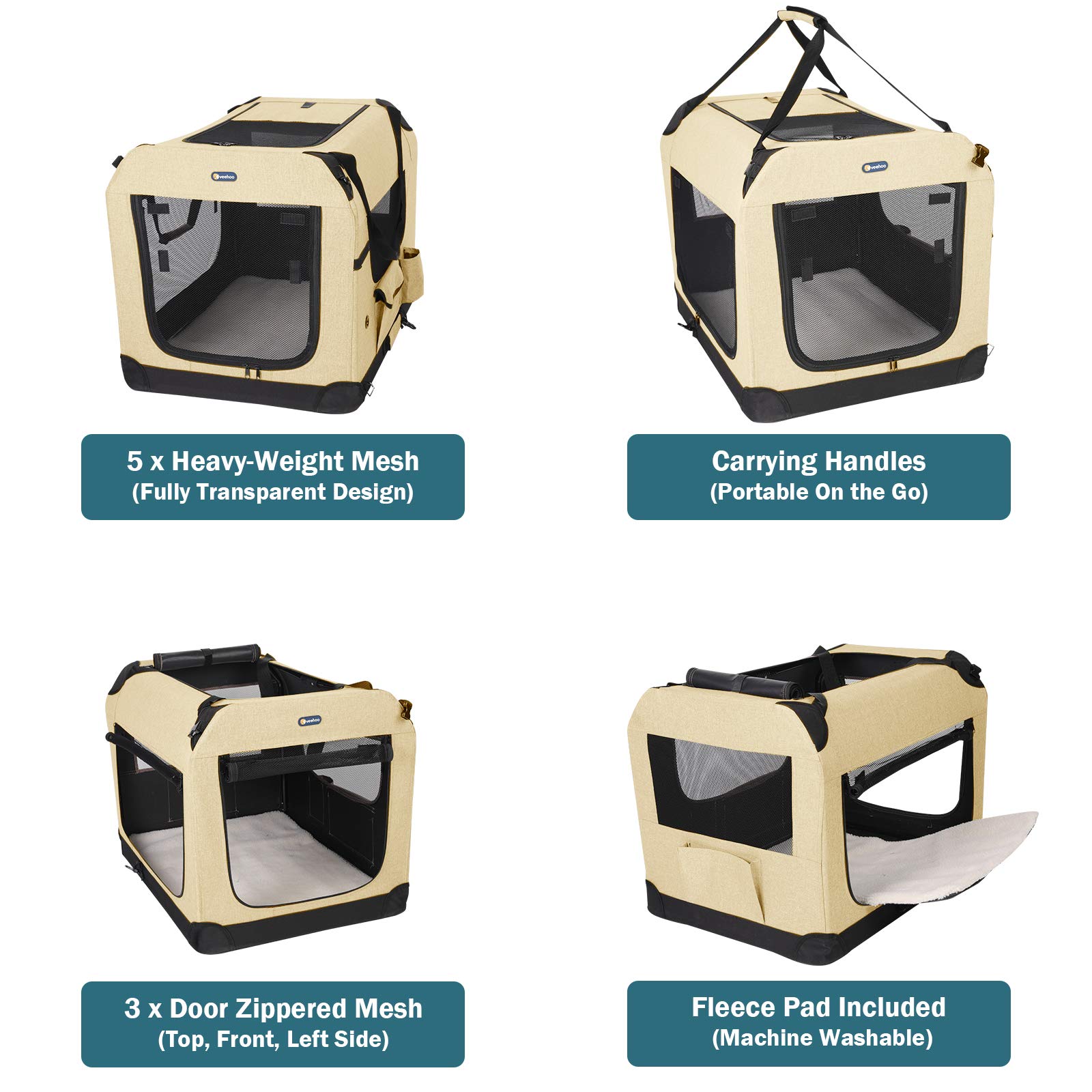 Veehoo Folding Soft Dog Crate, 3-Door Pet Kennel for Crate-Training ...
