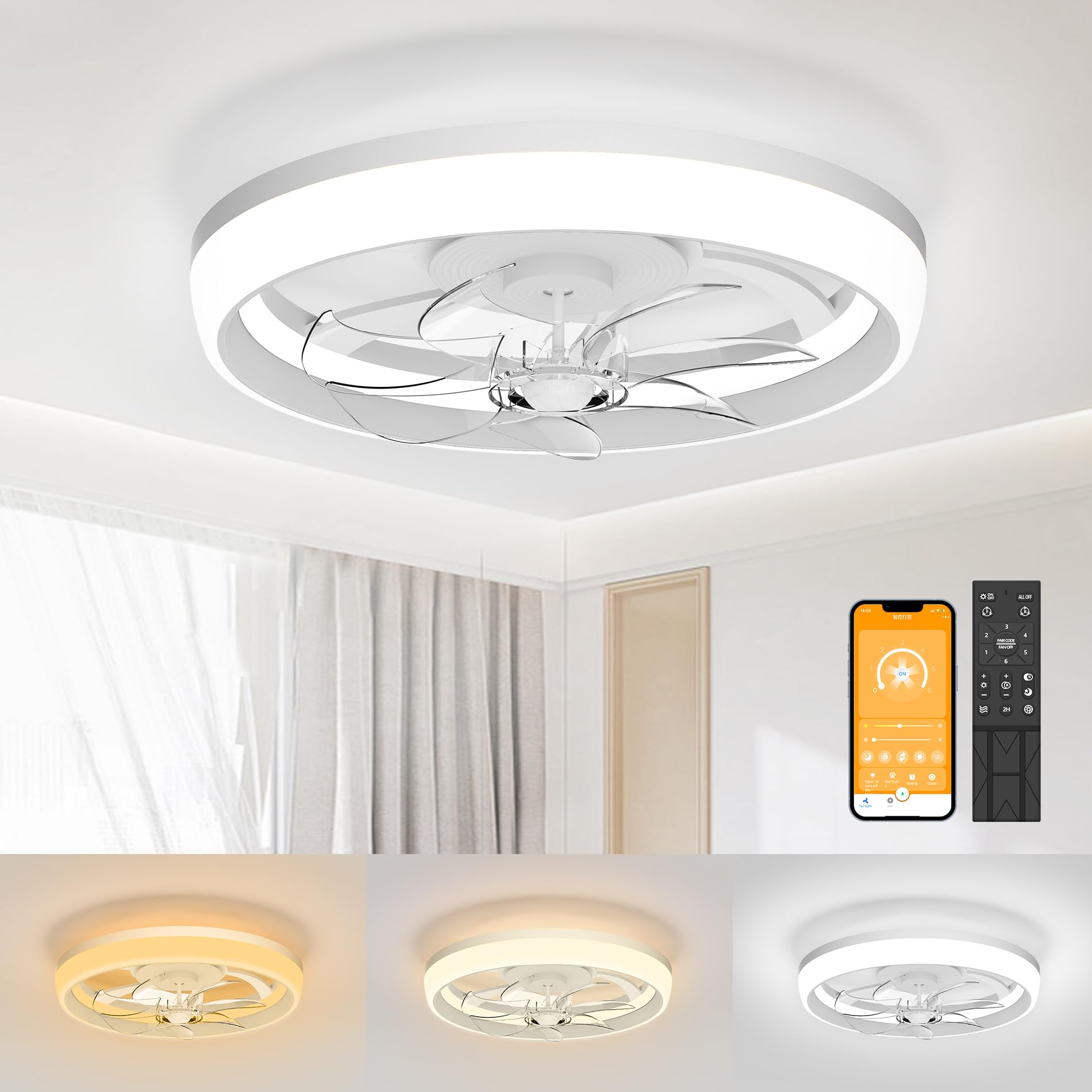 Mcestna Ceiling Fans with Lights and Remote White 19 inch Bladeless ...