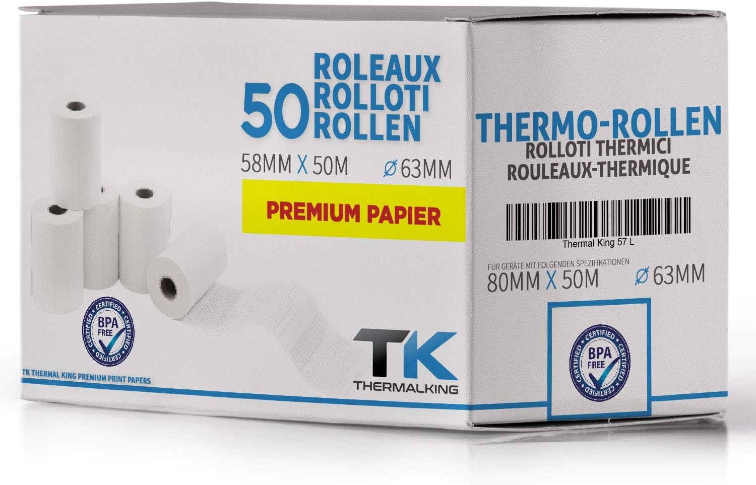 50 Stk. BPA freie Thermorollen 80mm x 63mm x 12mm – 50 m - Thermopapier ...