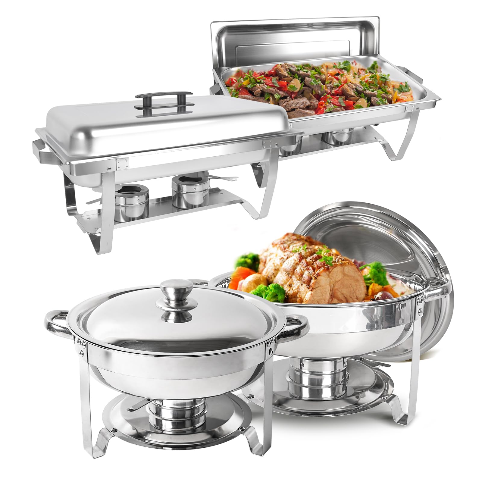 IMACONE Chafing Dish Buffet Set 4 Pack, 8 QT Rectangle & 5QT Round Stainless Steel Chafer for ...