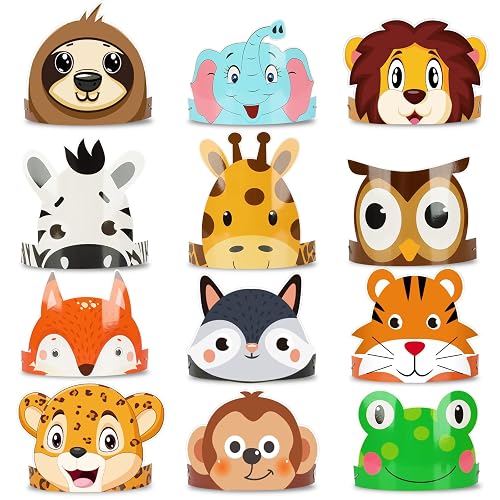 chiazllta 12 Pieces Jungle Safari Hats Wild Birthday Paper Crowns Zoo ...