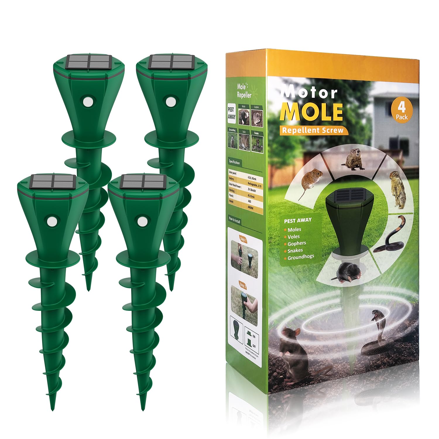 Solar Powered Mole Repellent for Lawns 4 Pack, IP65 Waterproof Mole ...