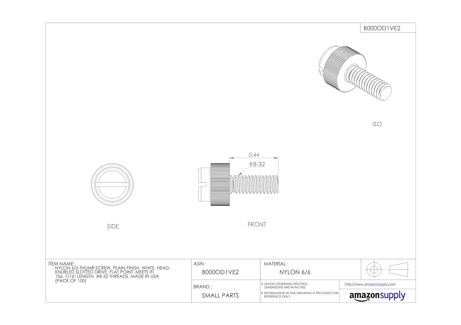 Nylon 6/6 Thumb Screw White #6-32 Threads 3/8 Length Plain Finish Pack ...