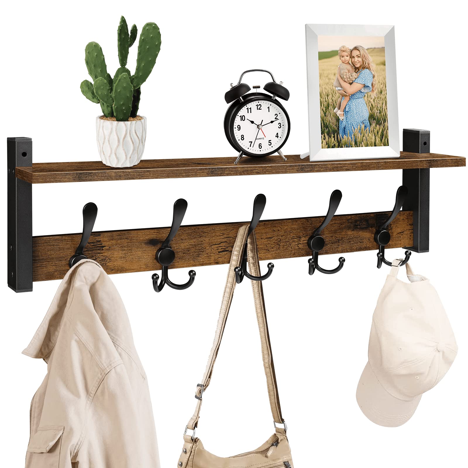 Homode Coat Rack Wall Mount with Shelf, 24" Entryway Shelf with 5 Tri ...