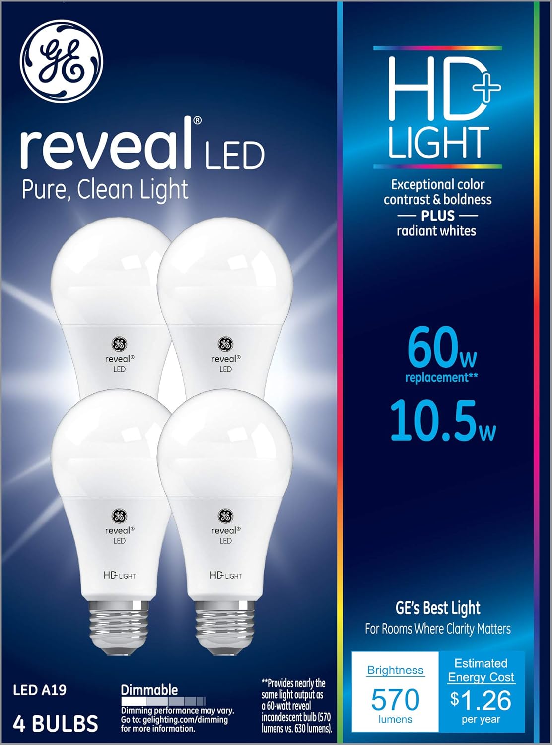 GE Lighting 93445 Bulb Reveal HD Pure Clean Light Dimmable LED A19 10.5 ...