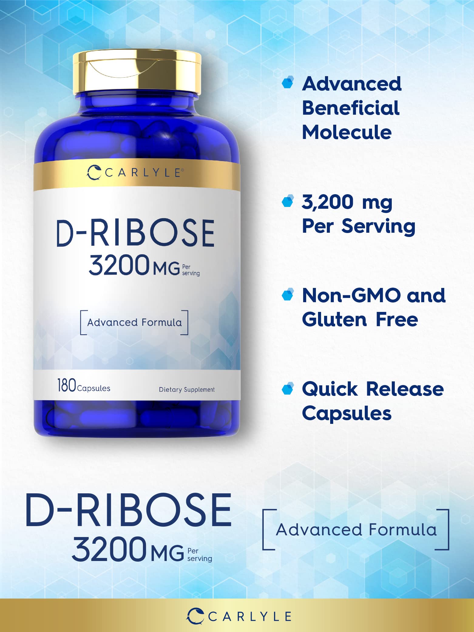 Carlyle D-Ribose Capsules | 3200mg | 180 Pills | Advanced Formula | Non-GMO, Gluten Free ...