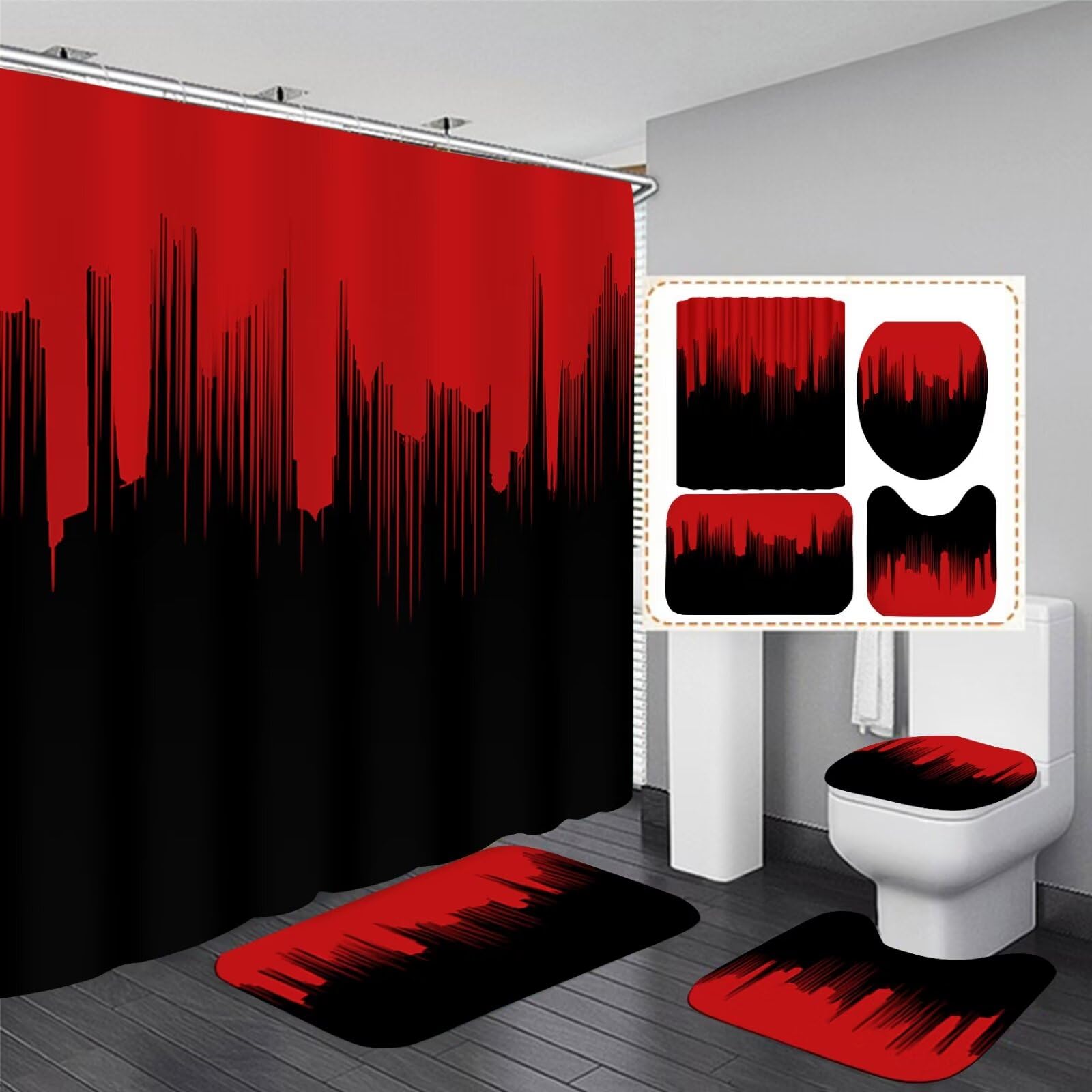 Yddsky 4 Pcs Red and Black Shower Curtain Sets Non-Slip Rugs Bath Mat ...