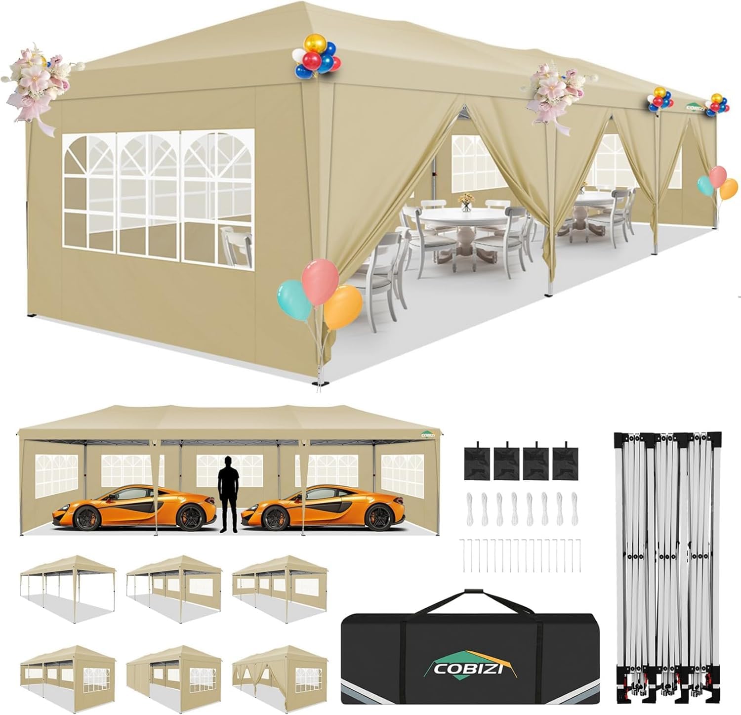 COBIZI 10x30 Pop Up Canopy Tent, 10x30 Outdoor Party Tent with 8 ...