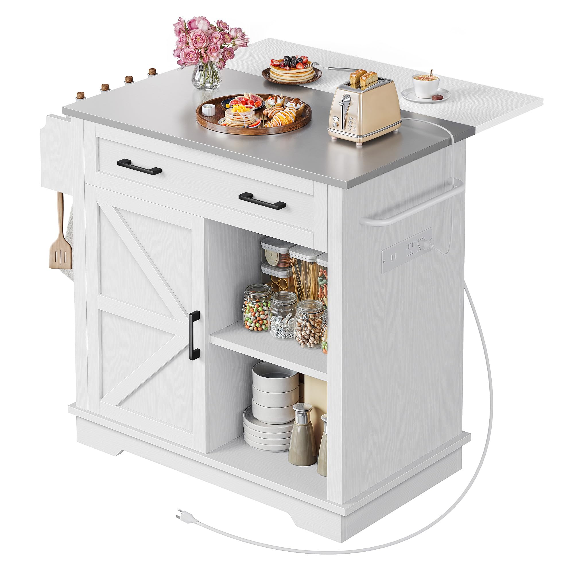 DWVO Kitchen Island w Stainless Steel Top Drop Leaf Bar Seating Power ...