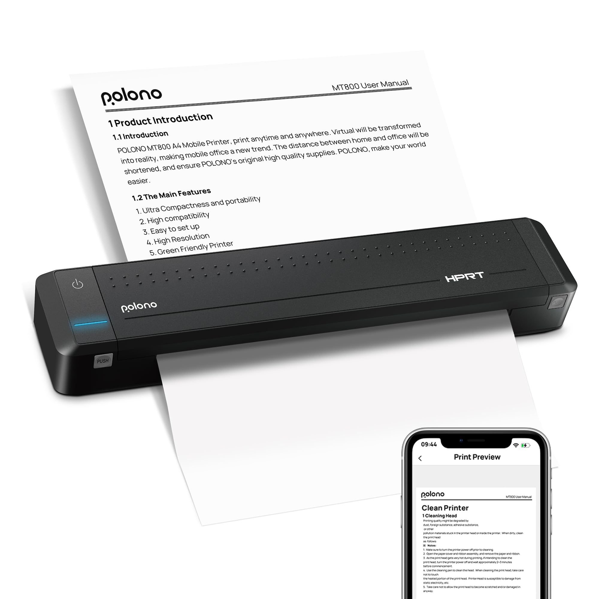 POLONO Portable Printer, MT800 2.0 Thermal Printer, Support 8.5" X 11 ...