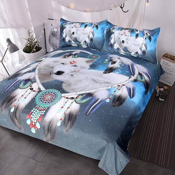 BlessLiving Wolf Dream Catcher Bedding 3 Piece White Wolves Bed Set ...