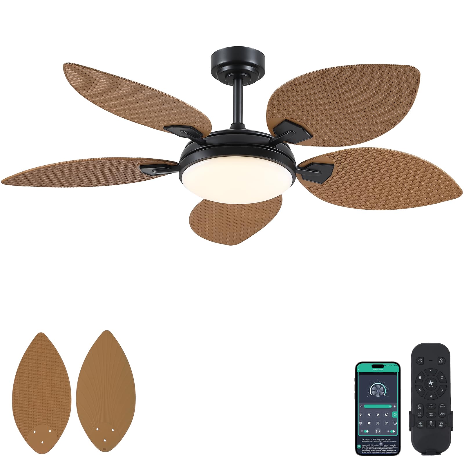 PHORUS 52" Palm Leaf Ceiling Fans with lights, Outdoor Tropical Island ...