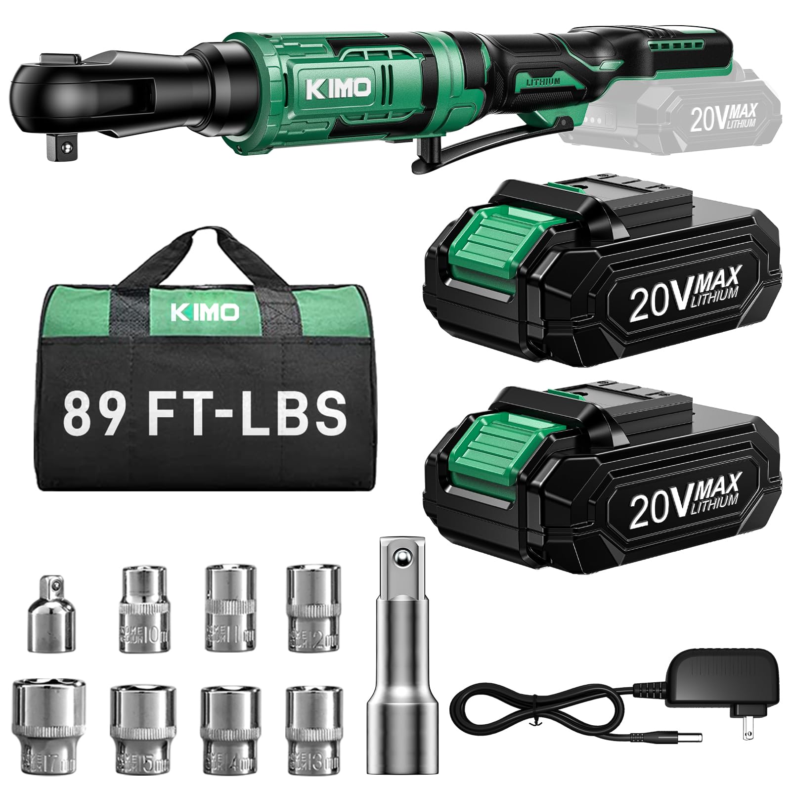 KIMO 20V Cordless Ratchet Wrench 3/8 Set, 89Ft-lbs 400RPM Electric ...