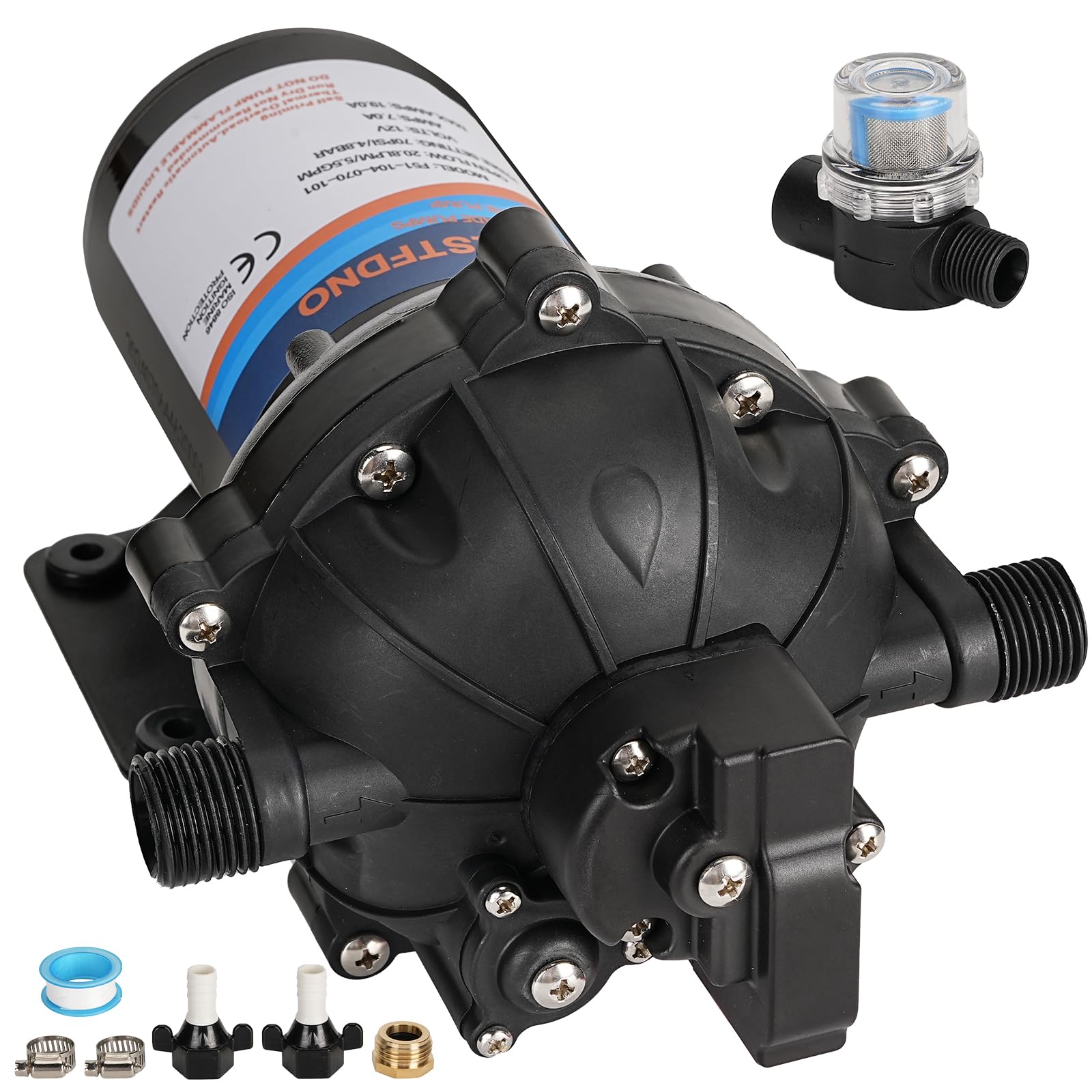 RV Fresh Water Pump, 5.5GPM 70PSI 12V DC Water Pump, Five Chamber Self ...