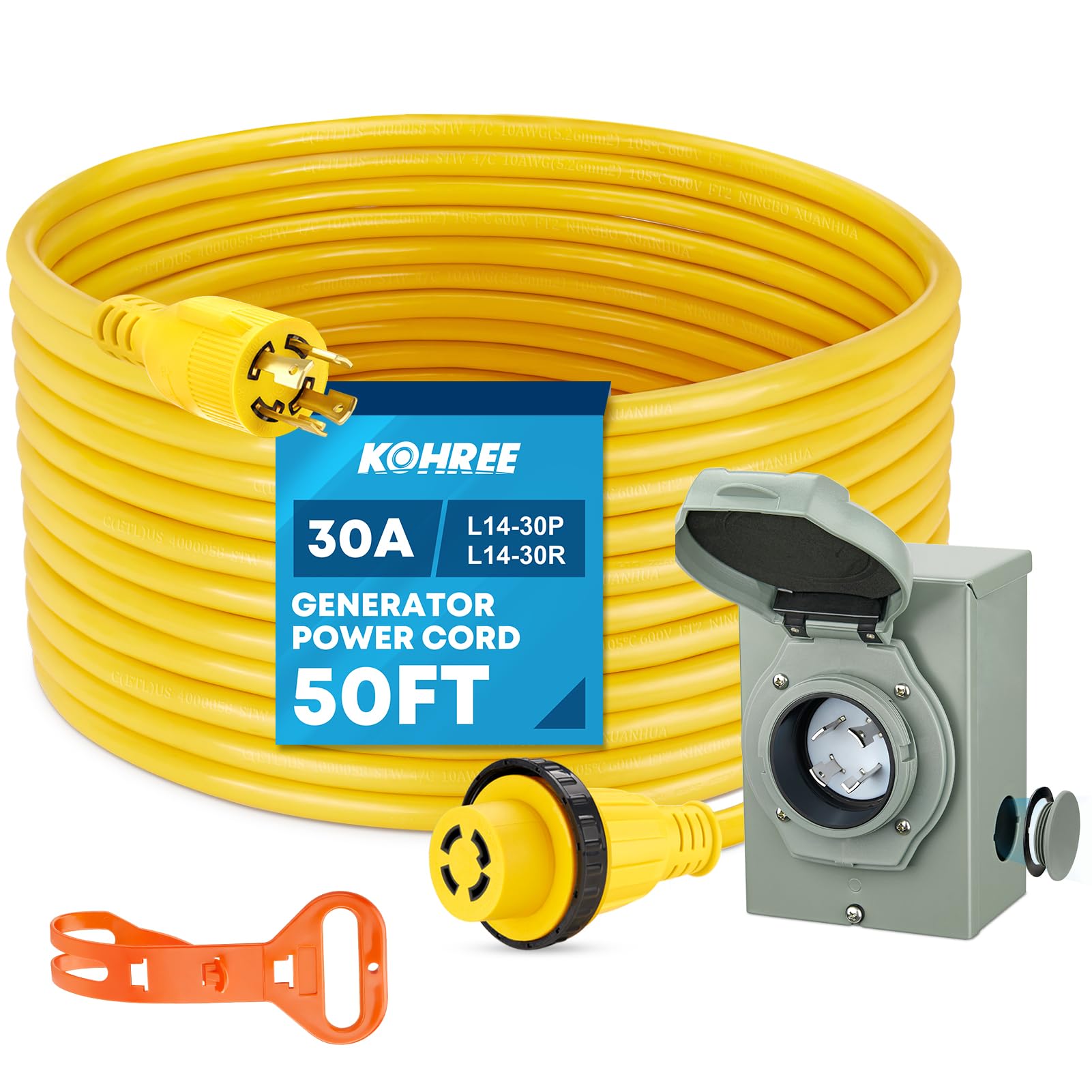 Kohree 30 Amp Generator Cord and Pre-drilled Power Inlet Box, 50FT 4 ...