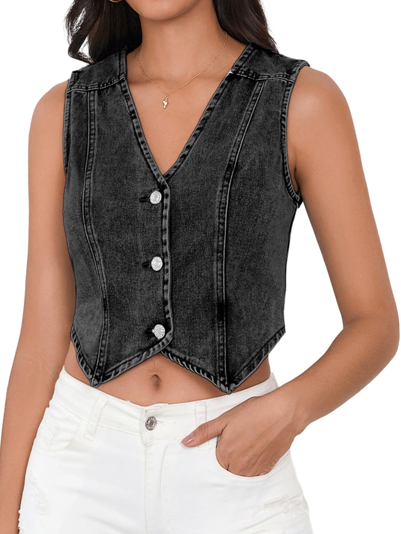 SHENHE Women's Denim Vest Button Down Sleeveless Jean Vest Top Y2K ...
