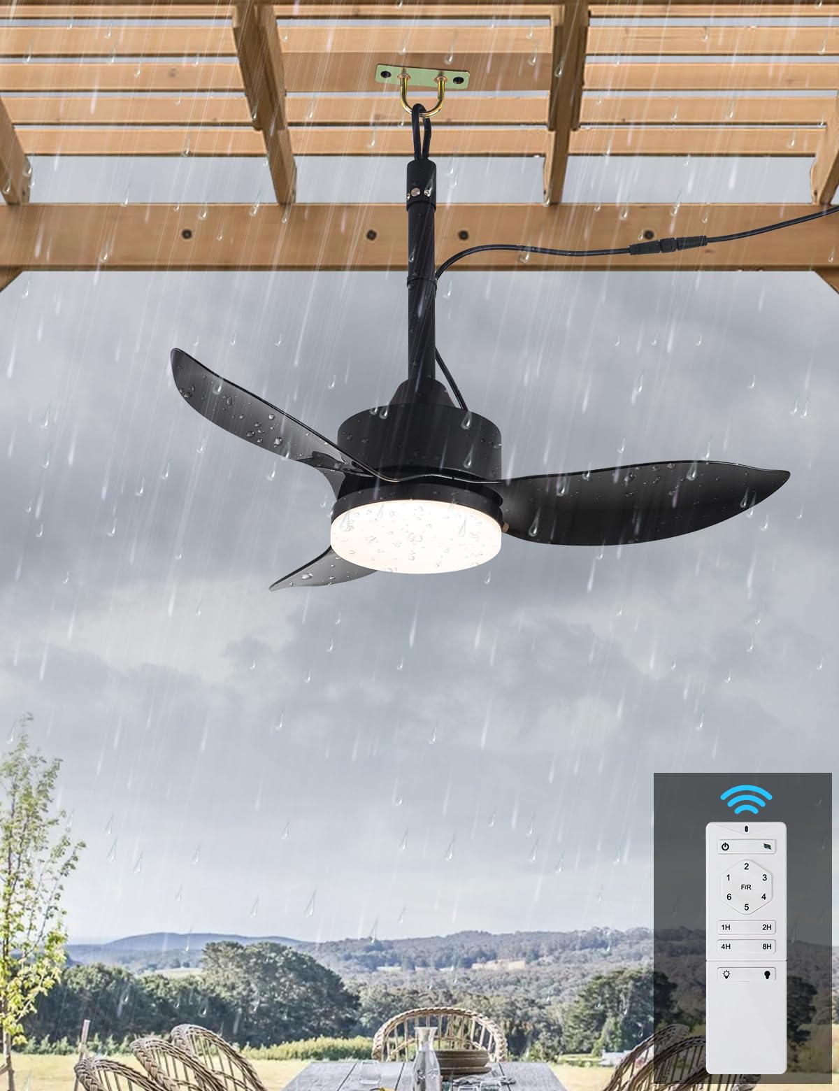 EKIZNSN Outdoor Plug In Ceiling Fan with Light and Hook, 39" IP65 ...