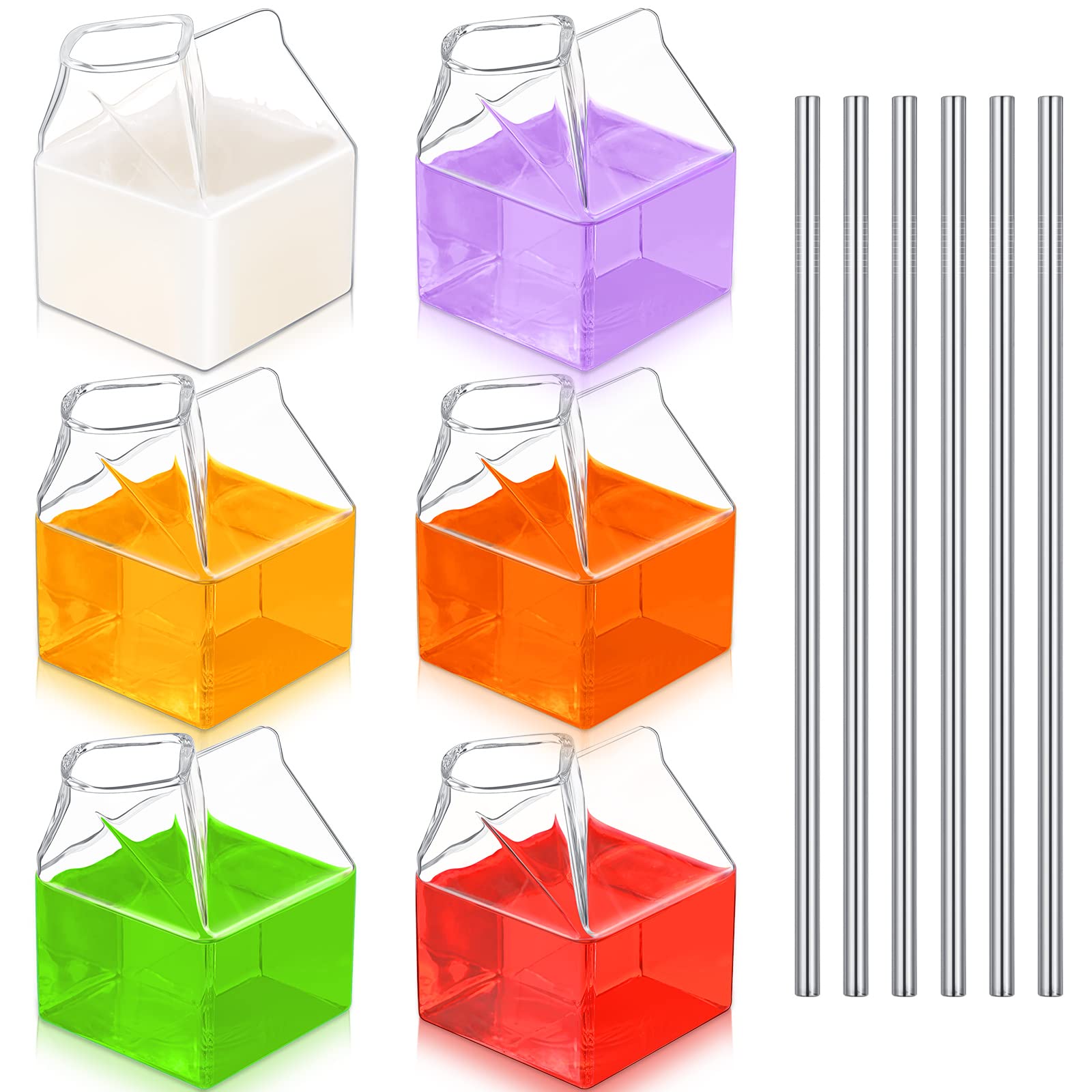6 Pieces Clear Milk Carton Reusable Glass Container with 6 Stainless ...