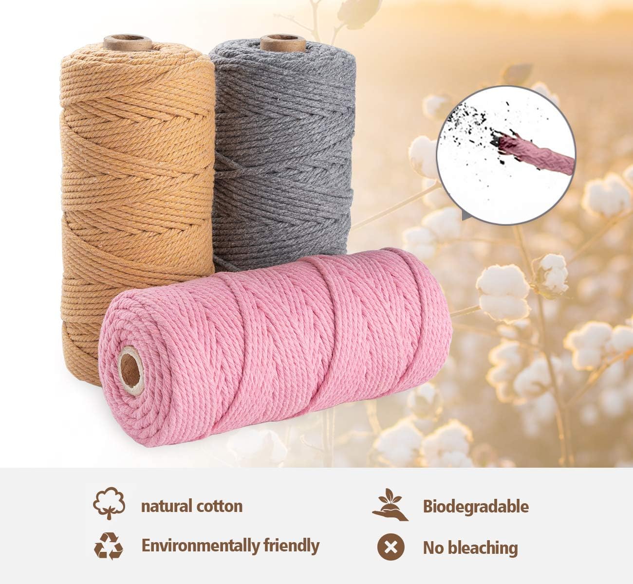ilauke Macrame Cord 3mm x 100m, Natural Macrame Cotton Cord DIY Craft ...