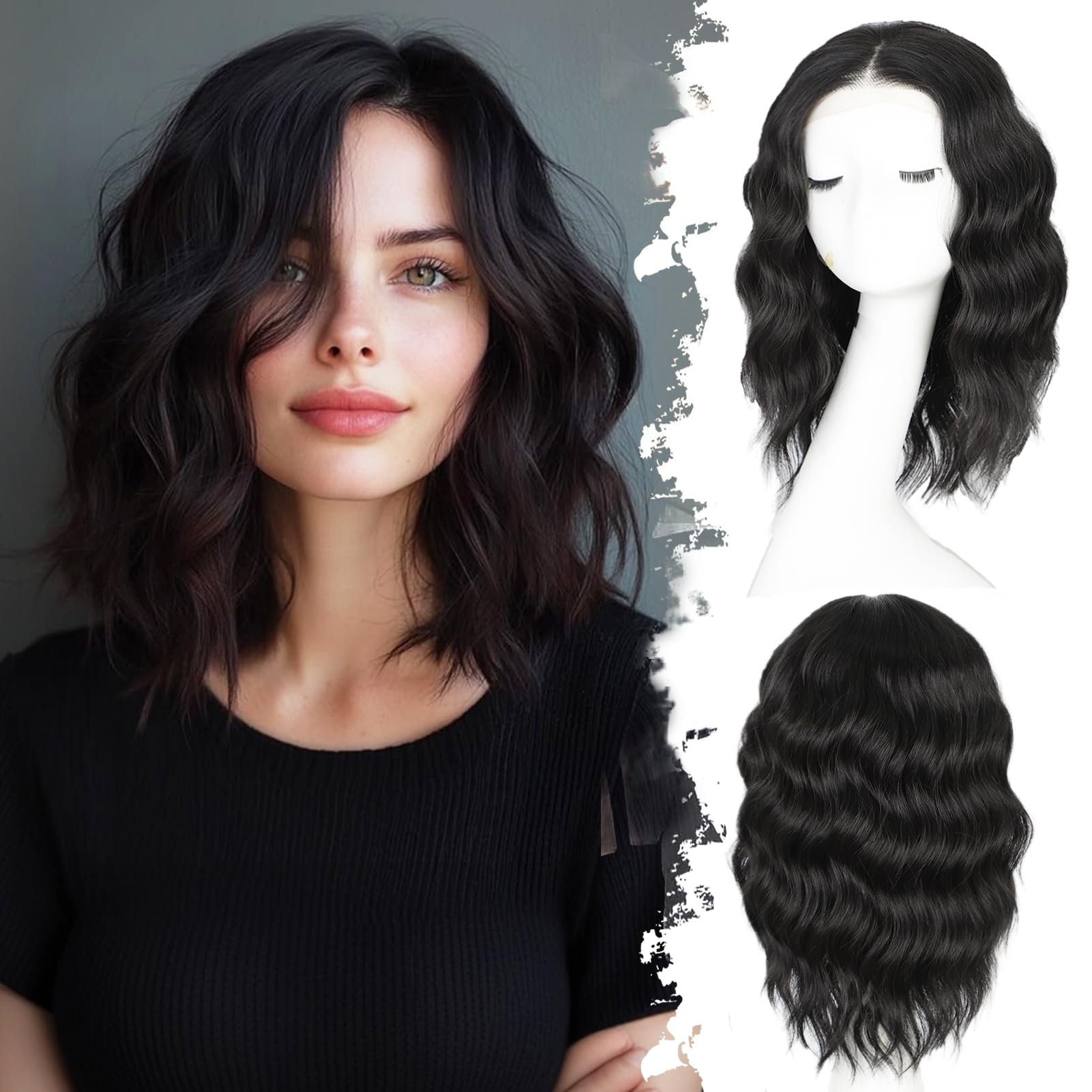 cuiud Short Black Wigs for Women 14Inch Lace Hairline Wavy Curly Bob ...