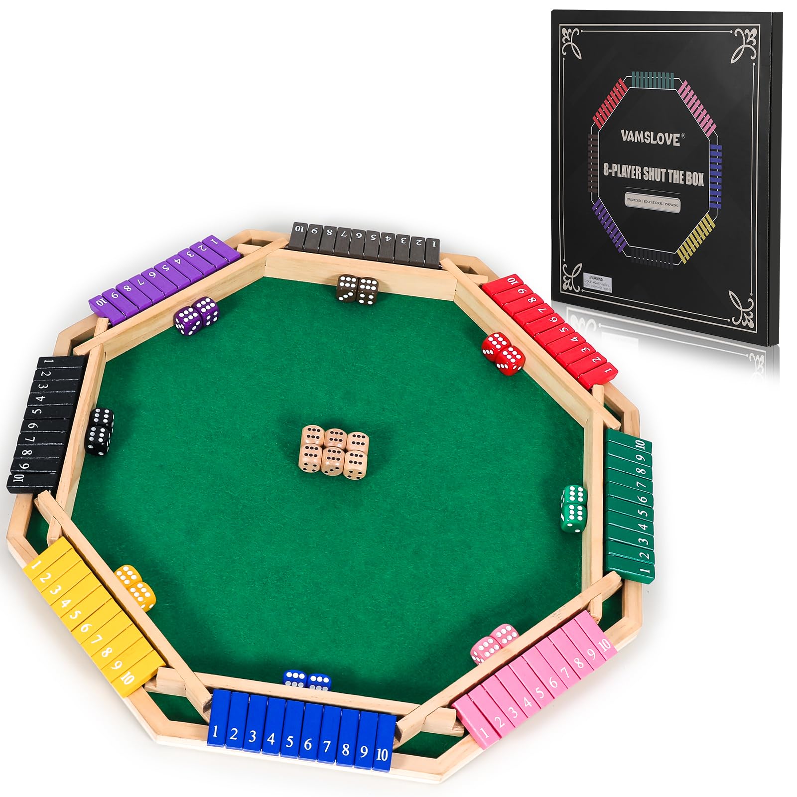 Vamslove Upgraded 2-8 Players Shut The Box Dice Game-Colorful 8-Way ...