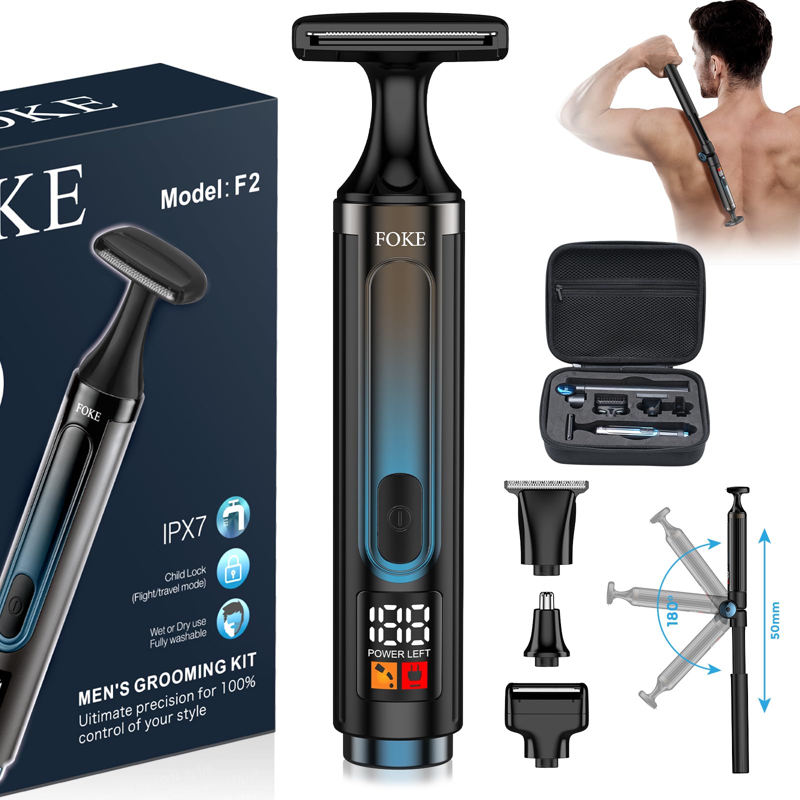 FOKE Back Shaver for Men, Ultra-Wide 1.8" T-Shaped Head, Includes ...