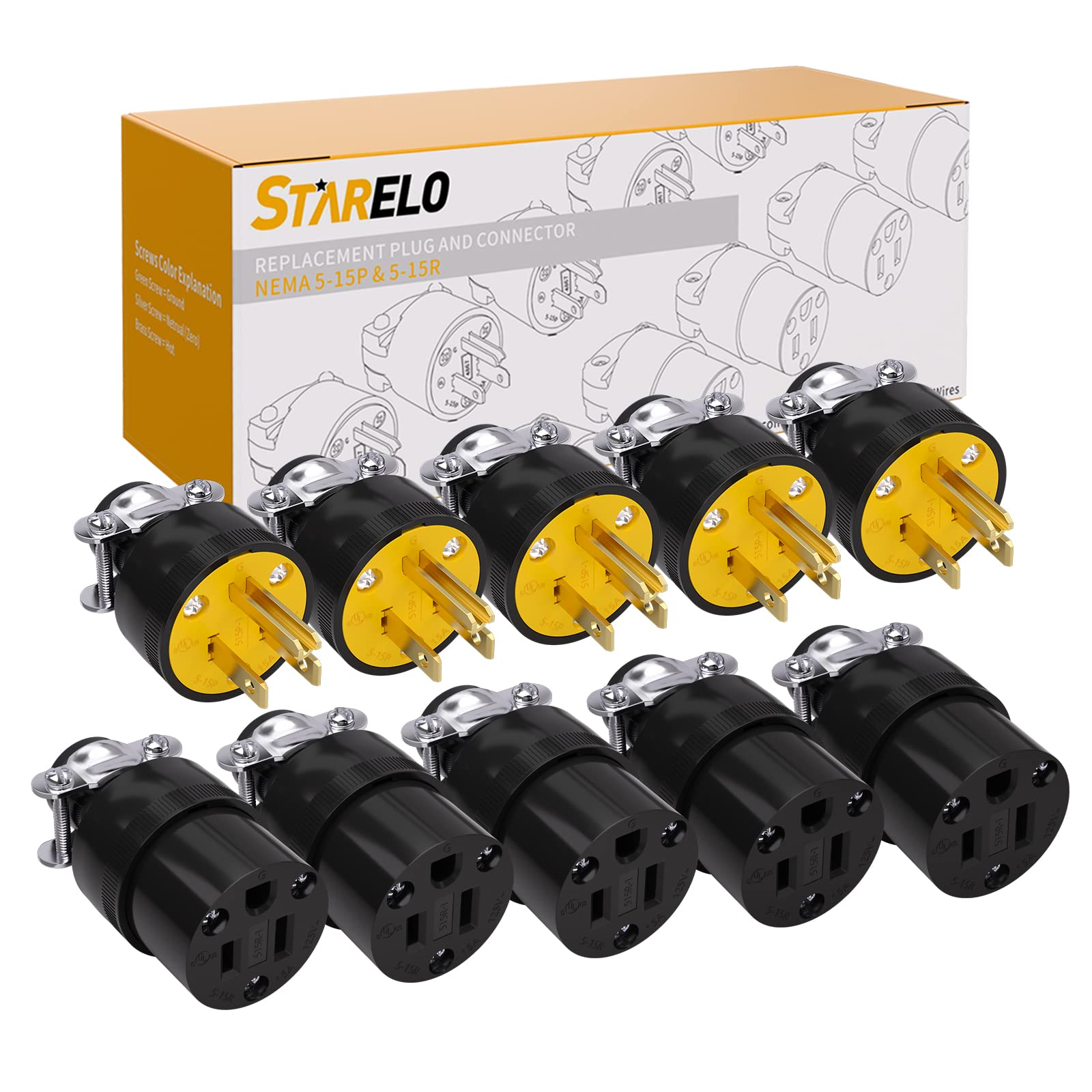 STARELO Electrical Replacement Plug & Connector Set Extension Cord Ends Black Shell 125V 15A ...