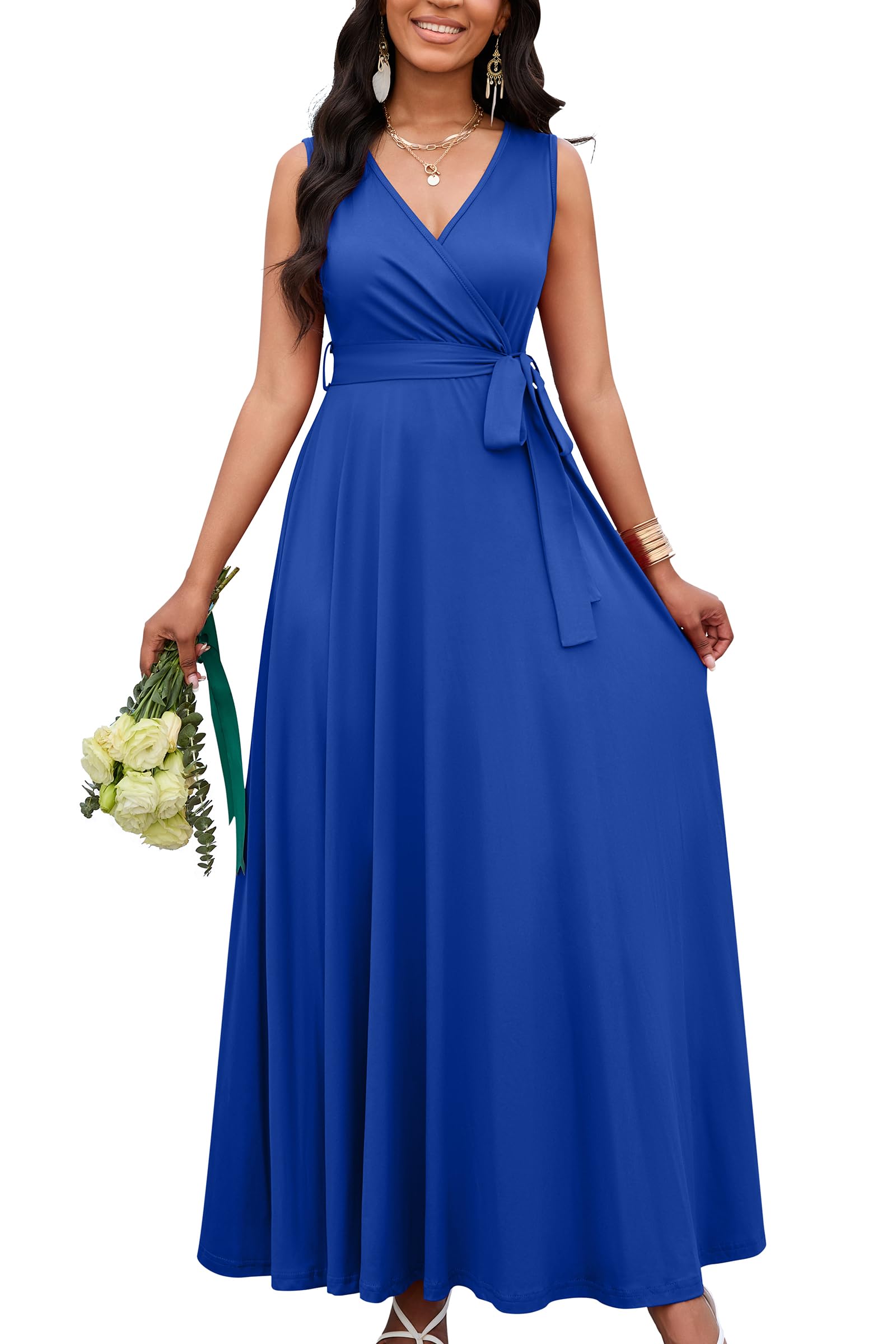 FANDEE Women Summer Maxi Casual Dress Semi-Formal A-Line V Neck Empire ...
