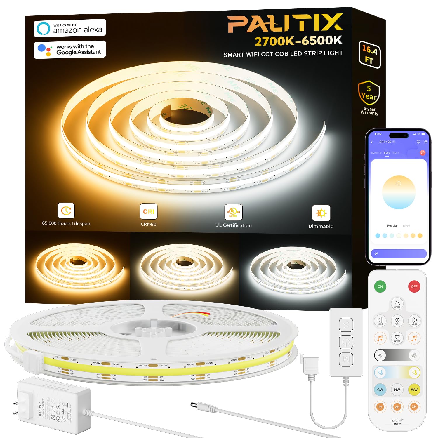 PAUTIX CCT COB LED Strip Light White Tunable 3200LEDs,CRI90+ 16.4ft/5m ...