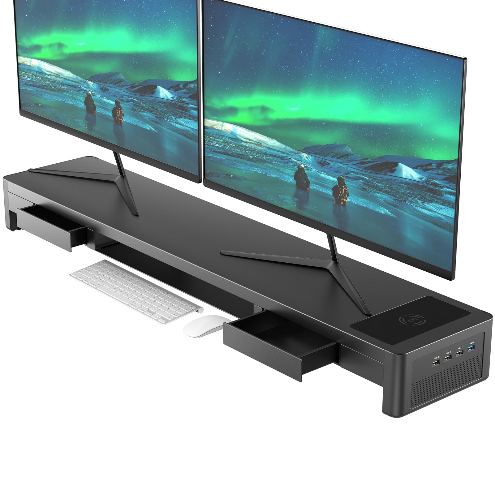STARVIKY Dual Monitor Stand Riser with Drawers and Audio,4 USB Ports ...