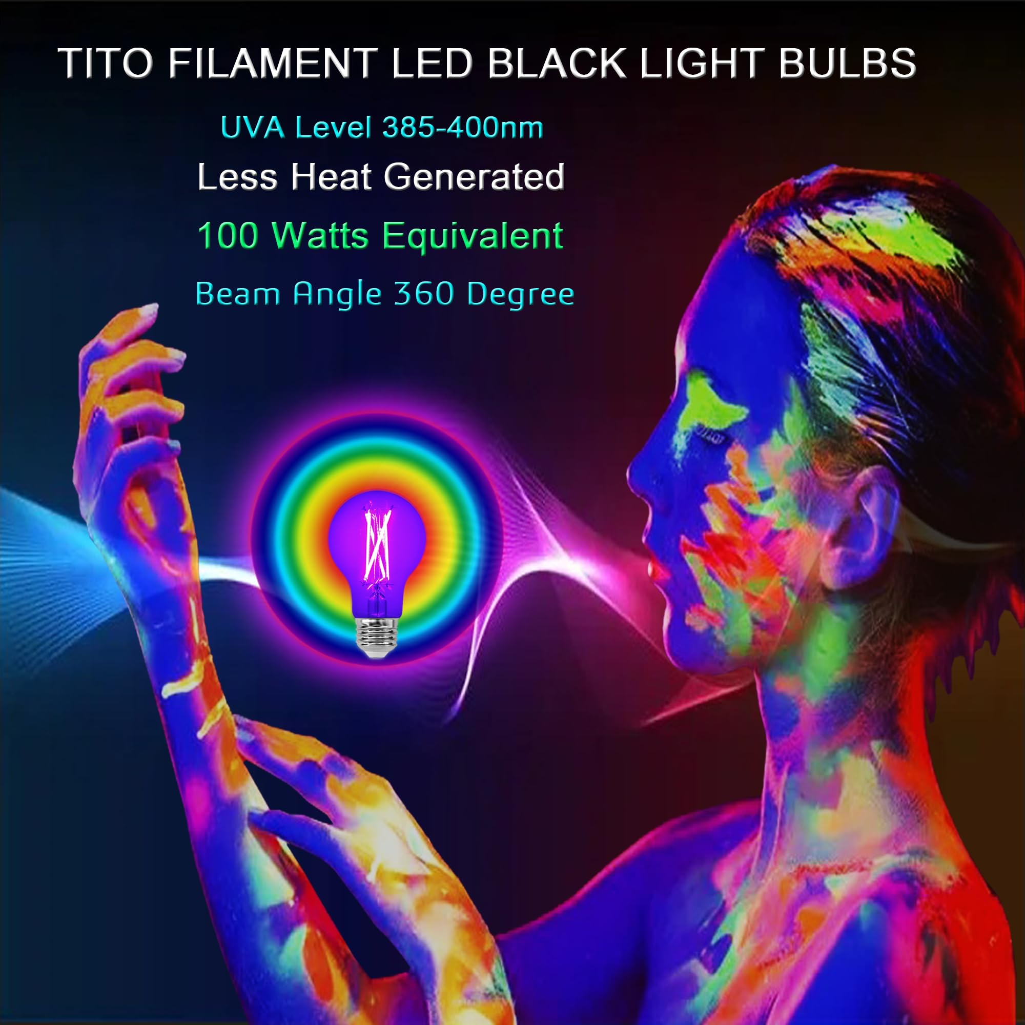 Mua TITO 4 Pack A19 E26 Filament LED Black Light Bulbs, UVA 385-400nm ...
