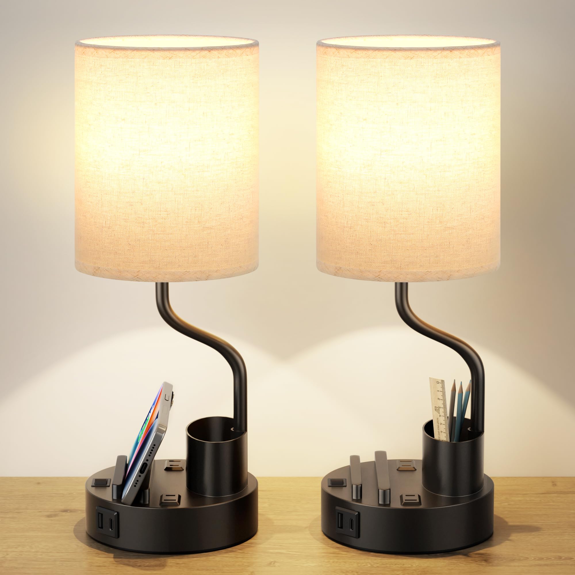 Bedside Table Lamps for Bedroom Set of 2 - Nightstand Light with AC ...