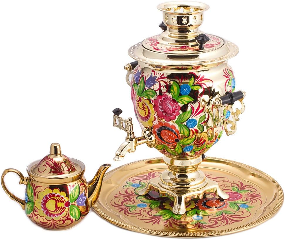 Enchanted Flowers Golden Electric Russian Samovar Tea Maker Set with ...