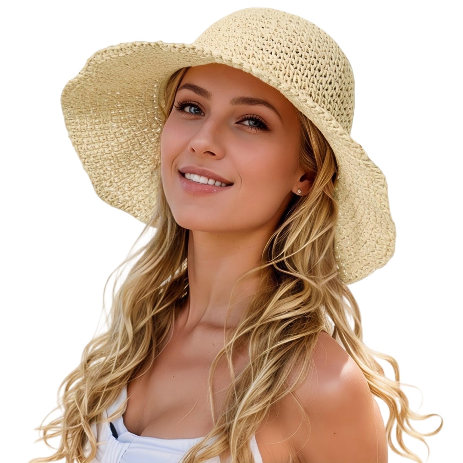 Womens Straw Beach Sun Hats, Foldable Packable Floppy Handmade Crochet ...