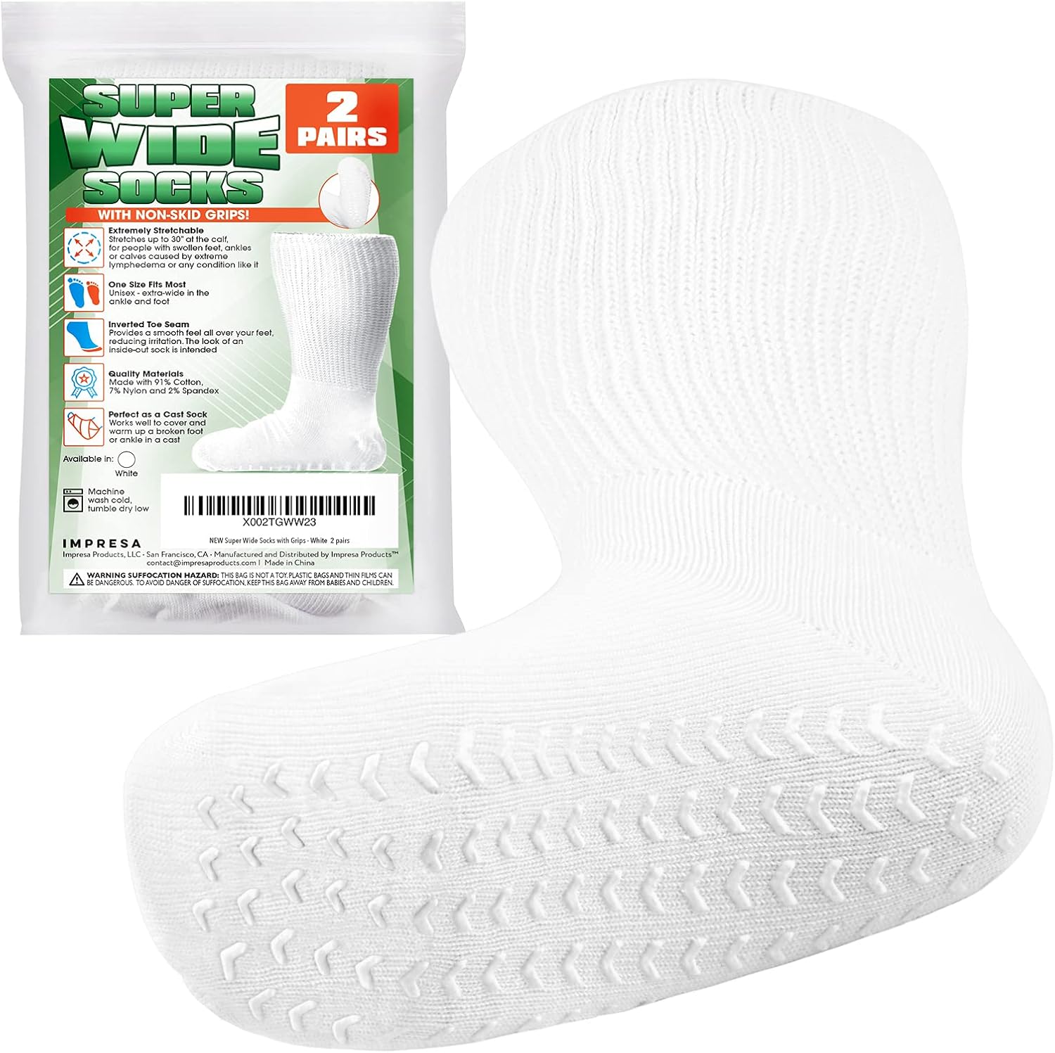 Amazon.com: [2 Pairs] White Super Wide Socks With Non-Skid Grips - for ...