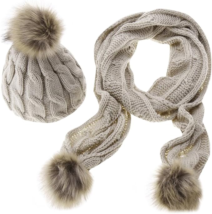 DianShao Damen Winter Gestrickter Hut Mütze Und Schal Set Mit Bommel ...