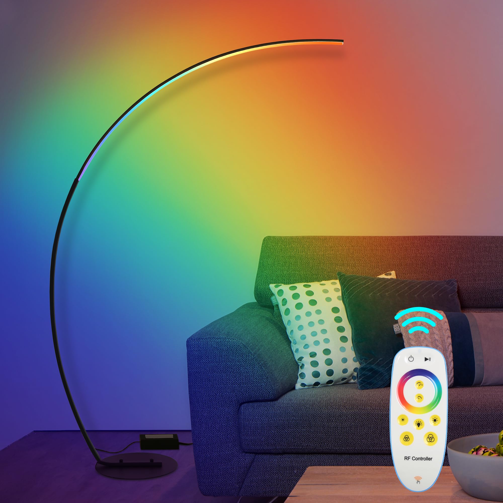 HUMHOLD Modern Arc Floor Lamp with Remote Control, Dimmable Black Arch ...