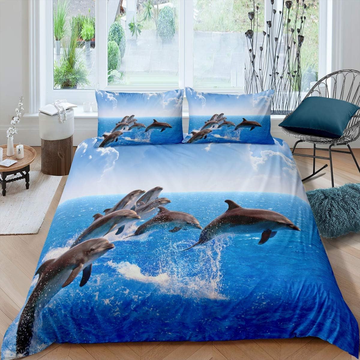 Dolphin Bedding Set Ocean Marine Themed Comforter Cover for Kids Boys ...