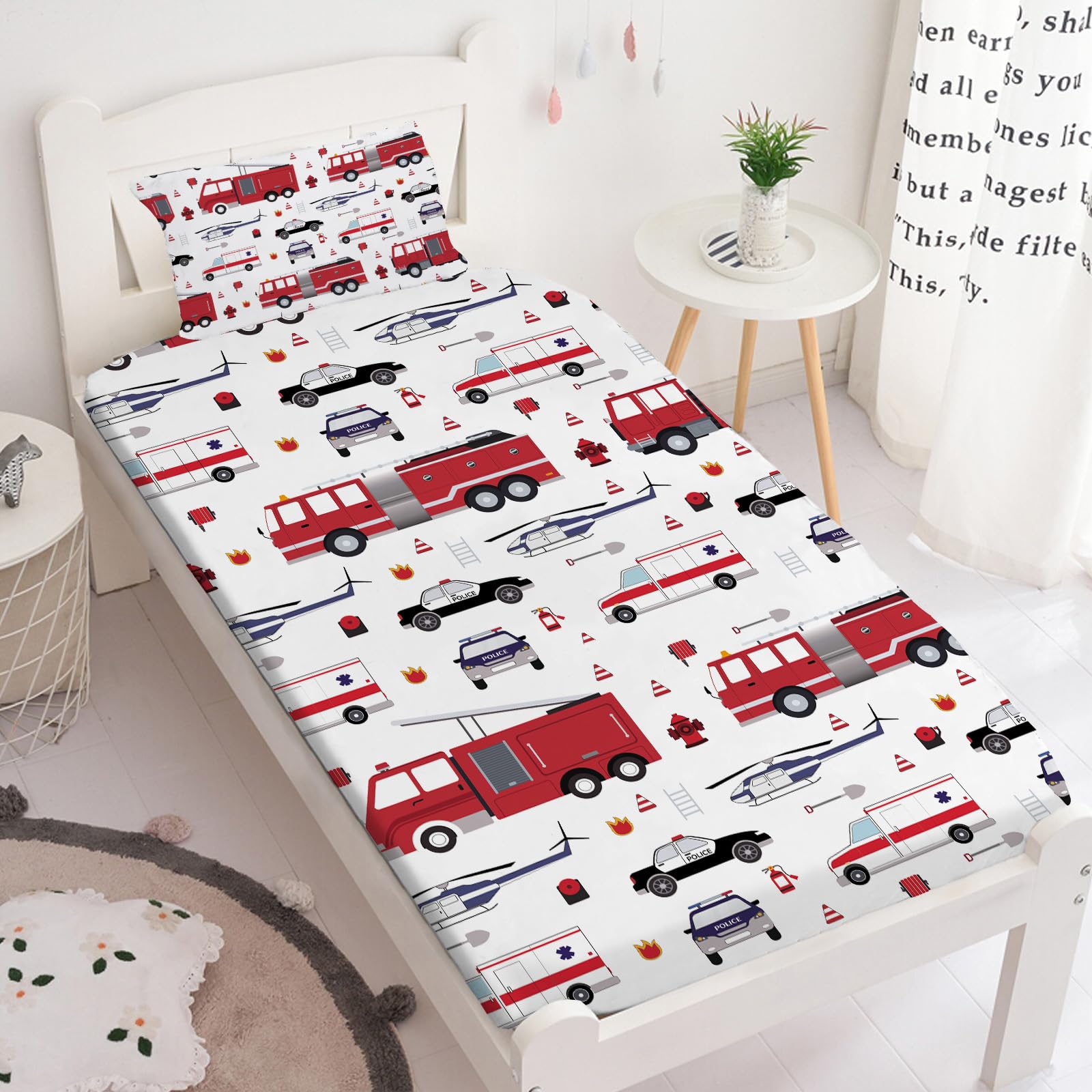 Yasida Twin Size Sheets Fire Truck Bedding for Kids, Police Car Firemen ...