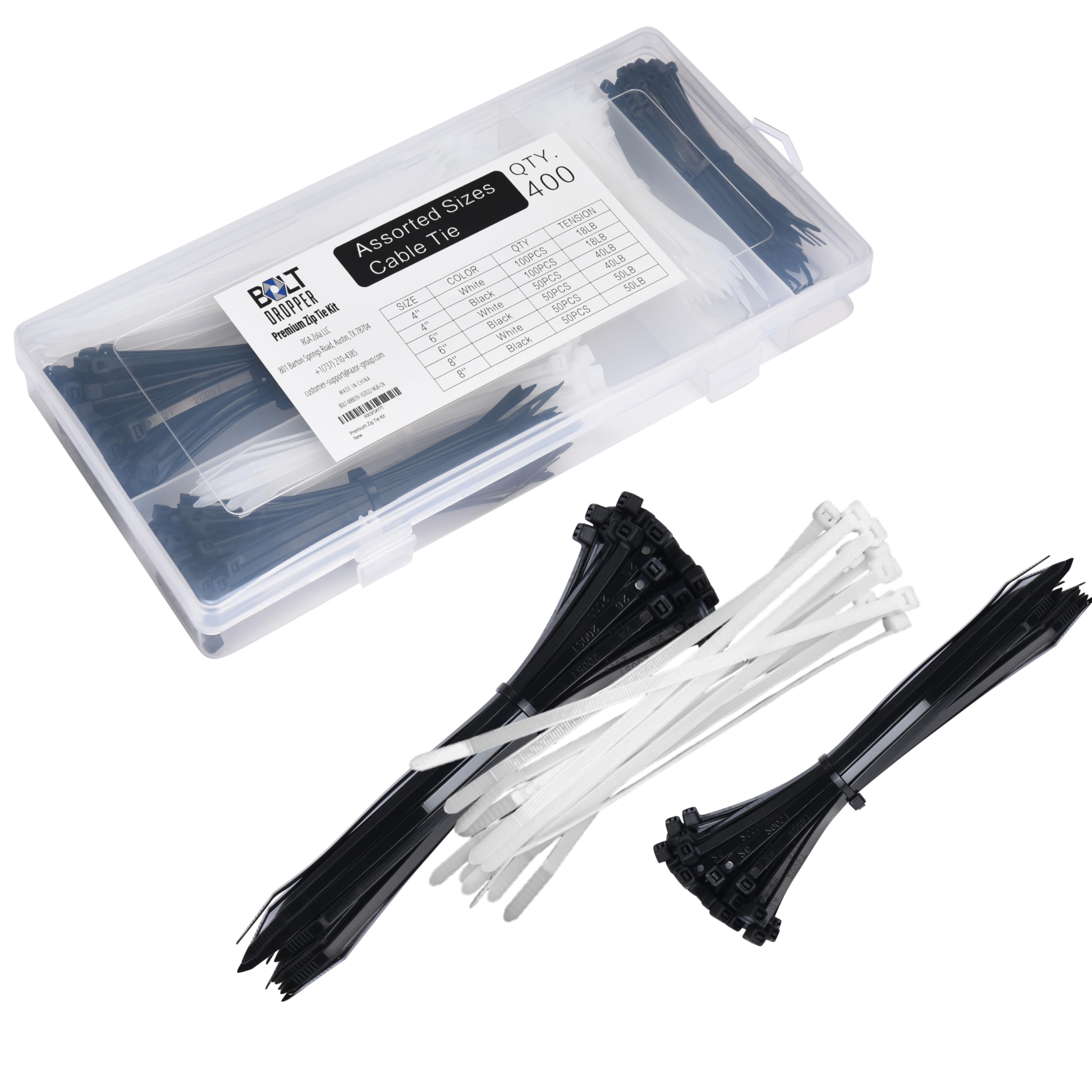 Bolt Dropper 4", 6", 8" Zip Tie Kit - 400 Pack Zip Ties Assorted Sizes ...