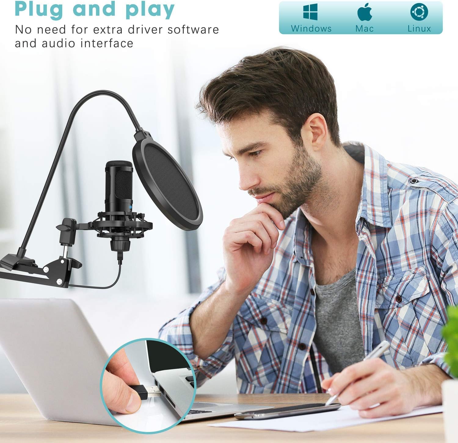 JEEMAK USB Microphone Kit for PC Computer, Professional Condenser ...