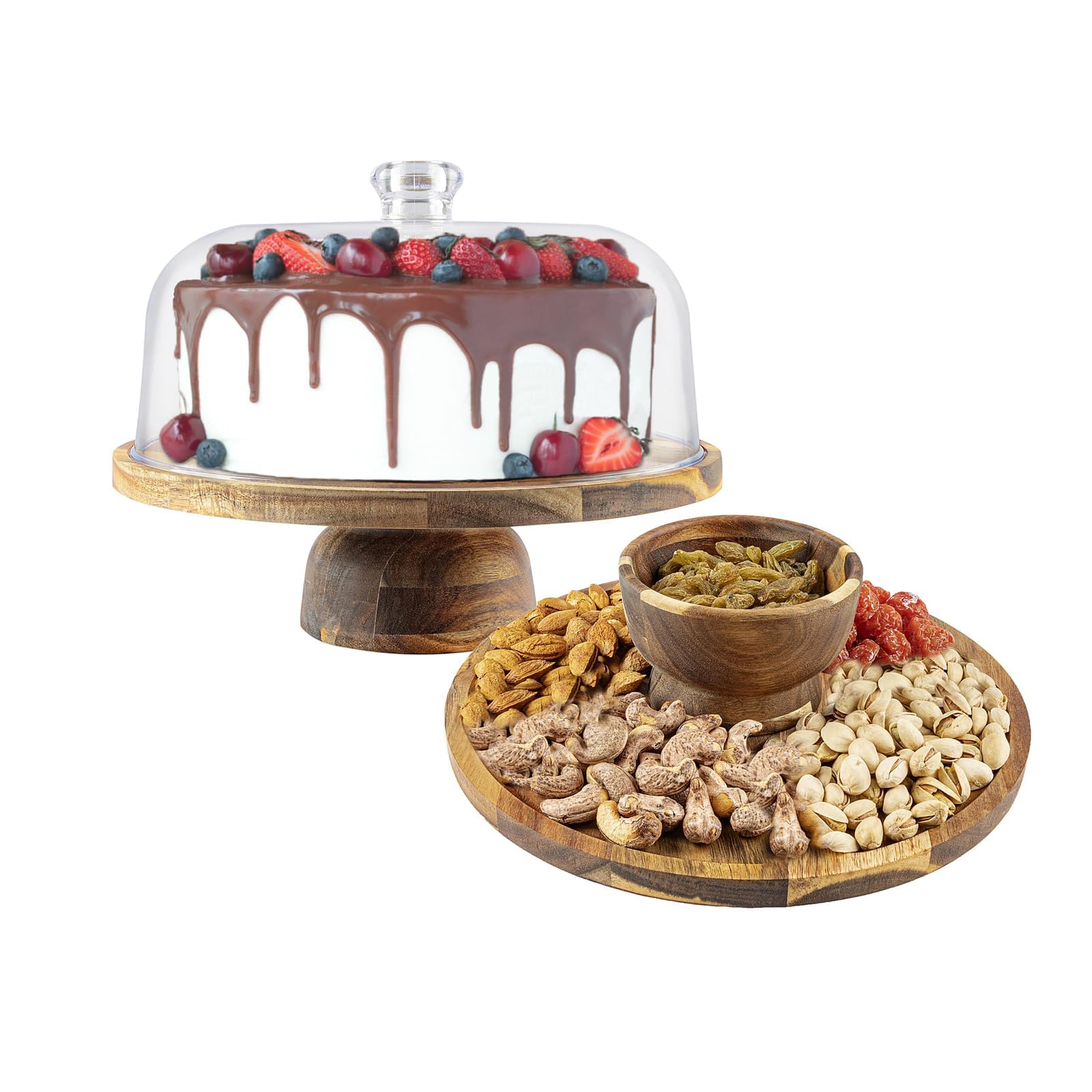 Wooden Cake Stand with Lid - 12in Cake Stand with Dome, Round 2-in-1 ...