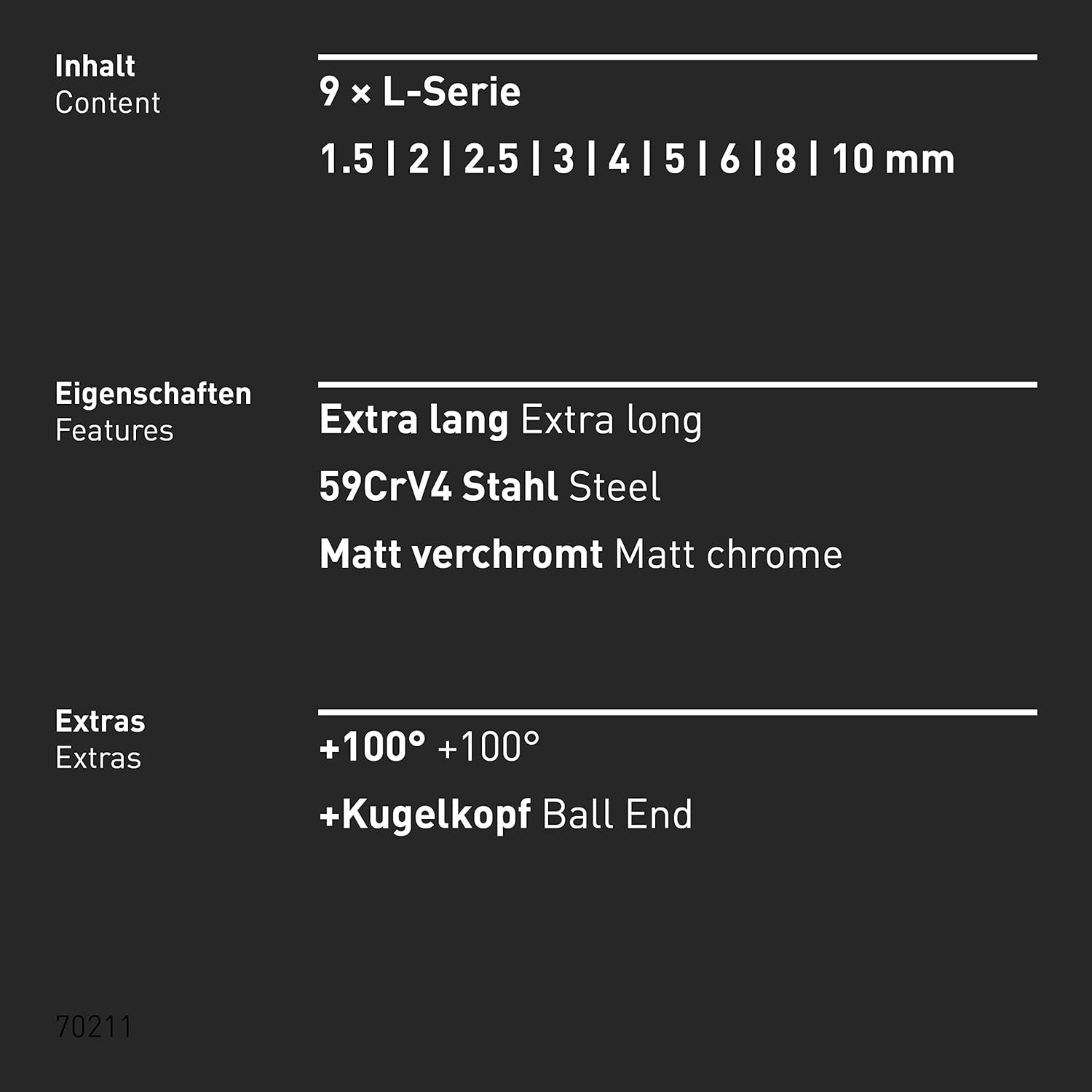 INBUS® 70211 Hex Key Set (Metric) 9pcs, 1.5–10mm, with 100° Angle ...