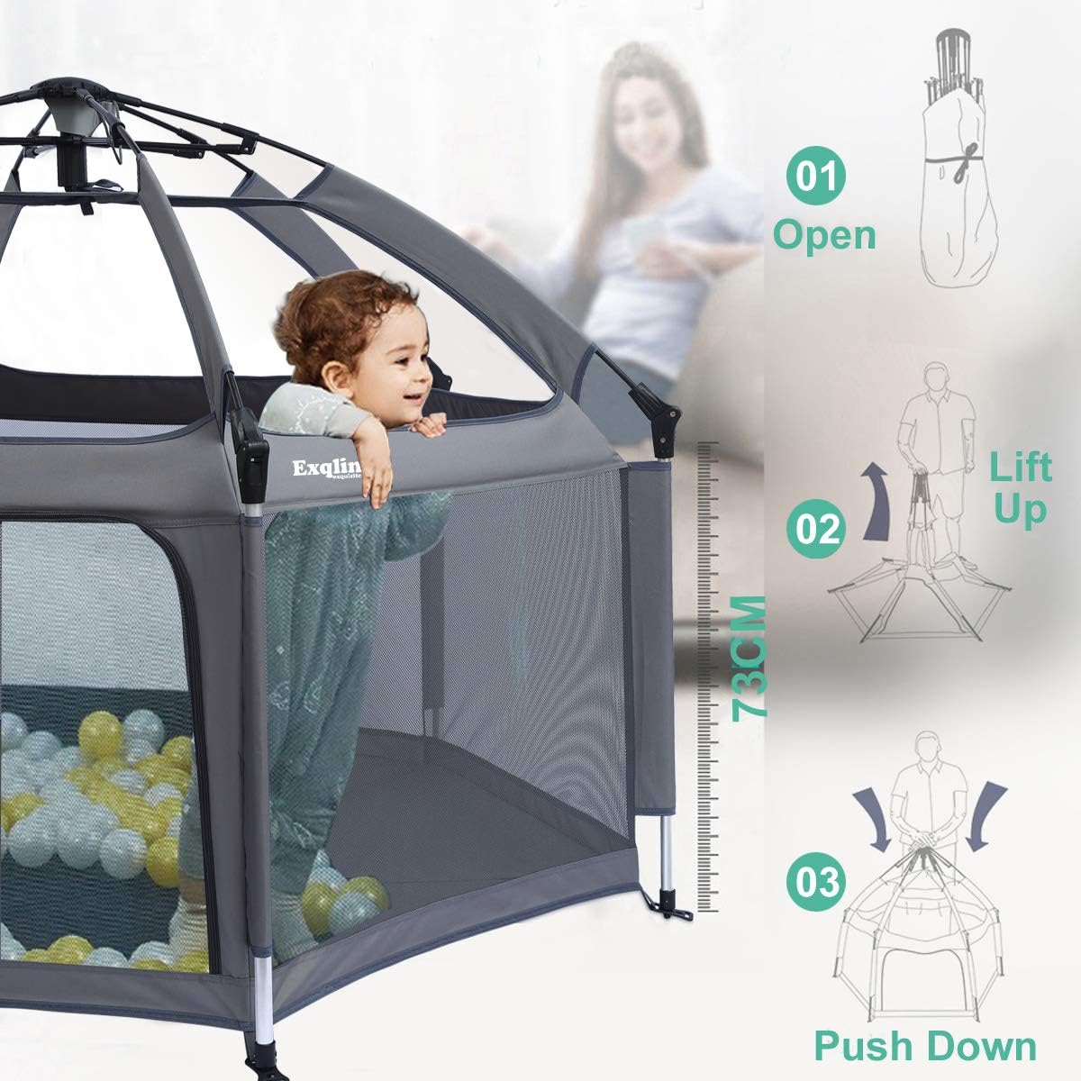 Baby Playpen, Exqline Pop up Play Pen Kids Safety Playpen with Self ...