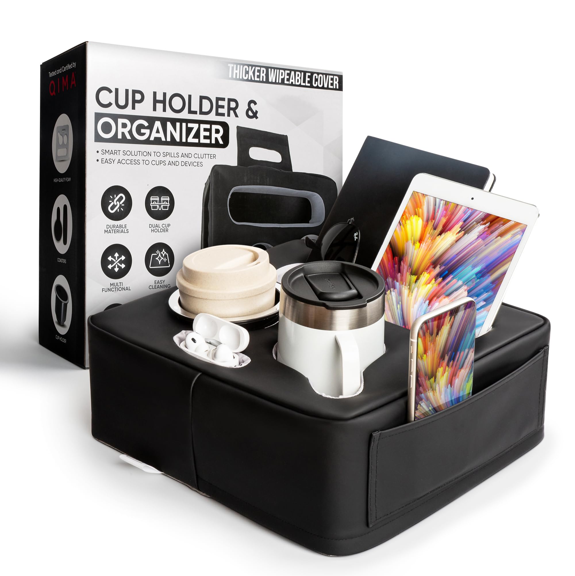 Premium Couch Cup Holder Tray – 5-in-1 Faux Leather Console Caddy for ...