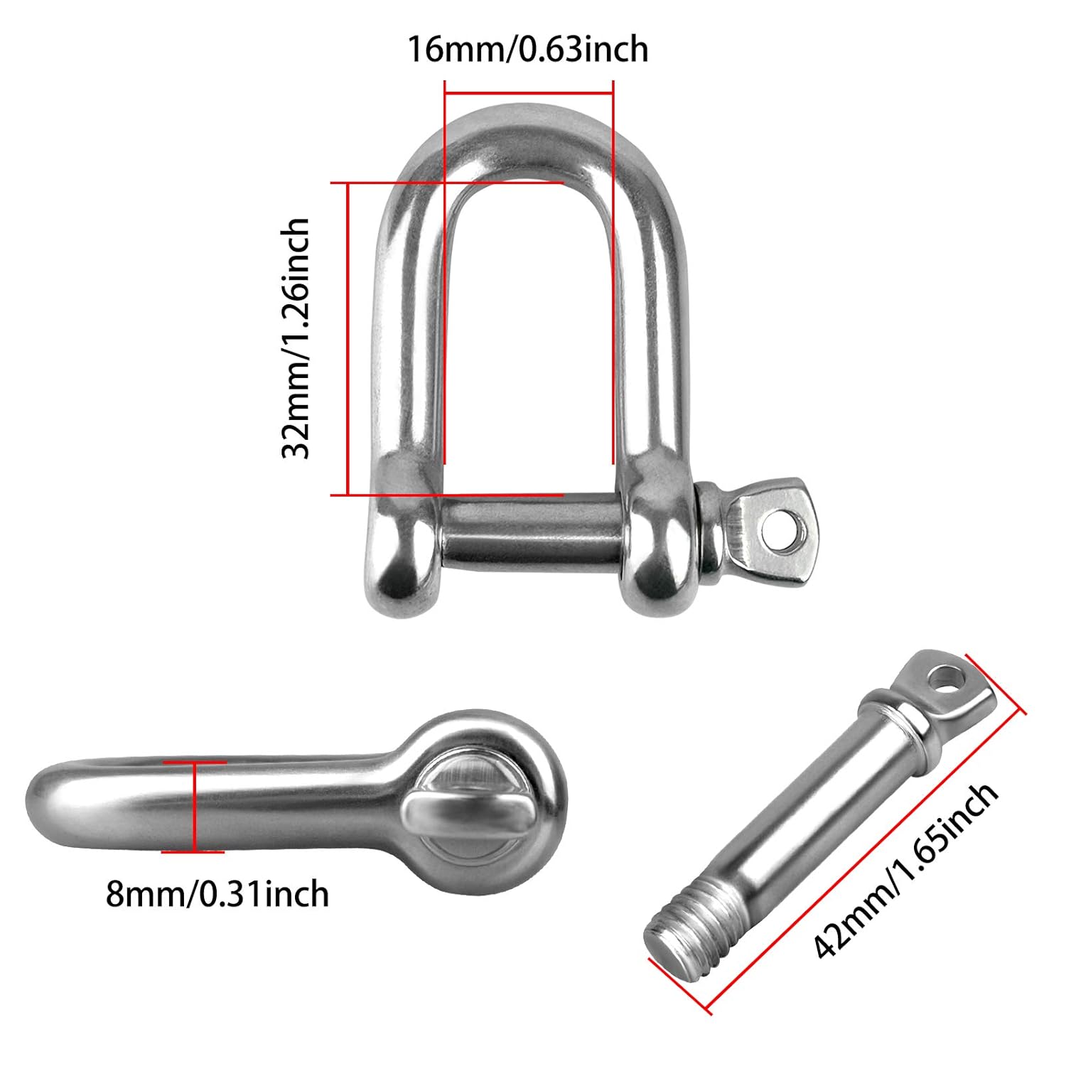 4 PCS D Shackle,304 Stainless Steel D Ring Shackle Lock,M8 D Links Hook Shackle Clip?Screw ...