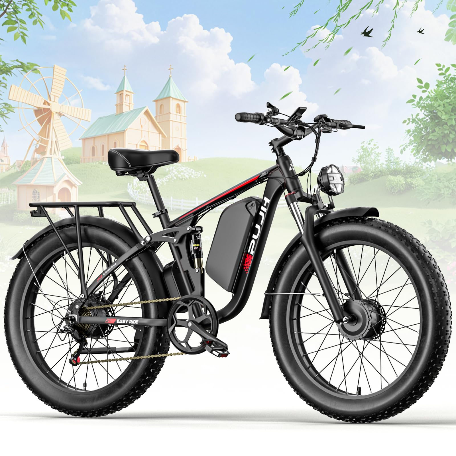 PUJH Peak 3000W Dual Motors Electric Bike for Adults, 52V 25Ah 26" Fat Tire Fast Ebike,Max 36 ...