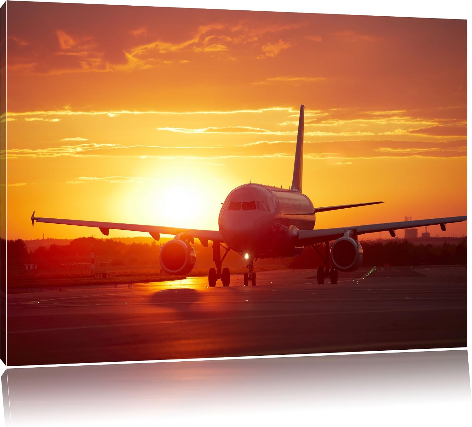 Landendes Flugzeug im Sonnenuntergang Bild auf Leinwand, XXL riesige ...