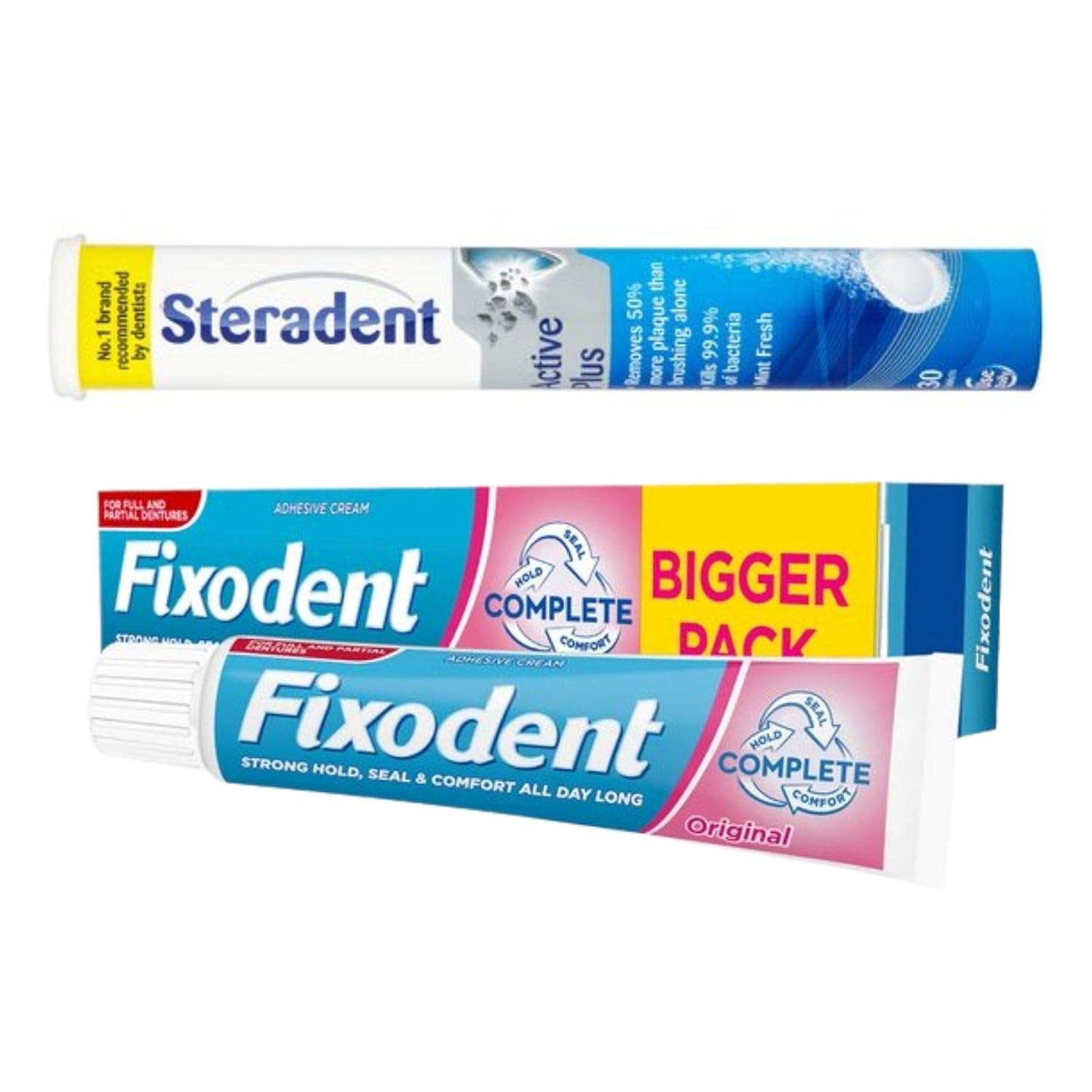 Fixodent Original Denture Adhesive Cream 70g & Steradent Active Plus ...