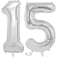 Amazon.com: 40 Inch Silver Large 15 Number Balloons Big Number 15 ...